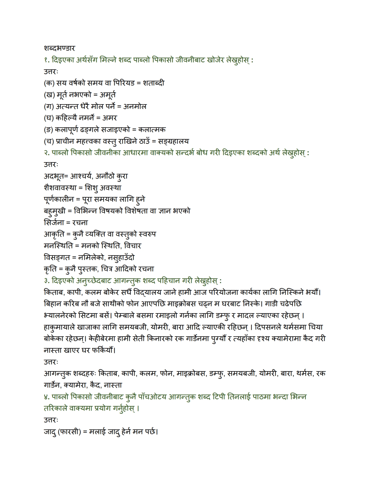 Class 10 nepali guide 2080 chapter 12 पाब्लो पिकासों Exercise