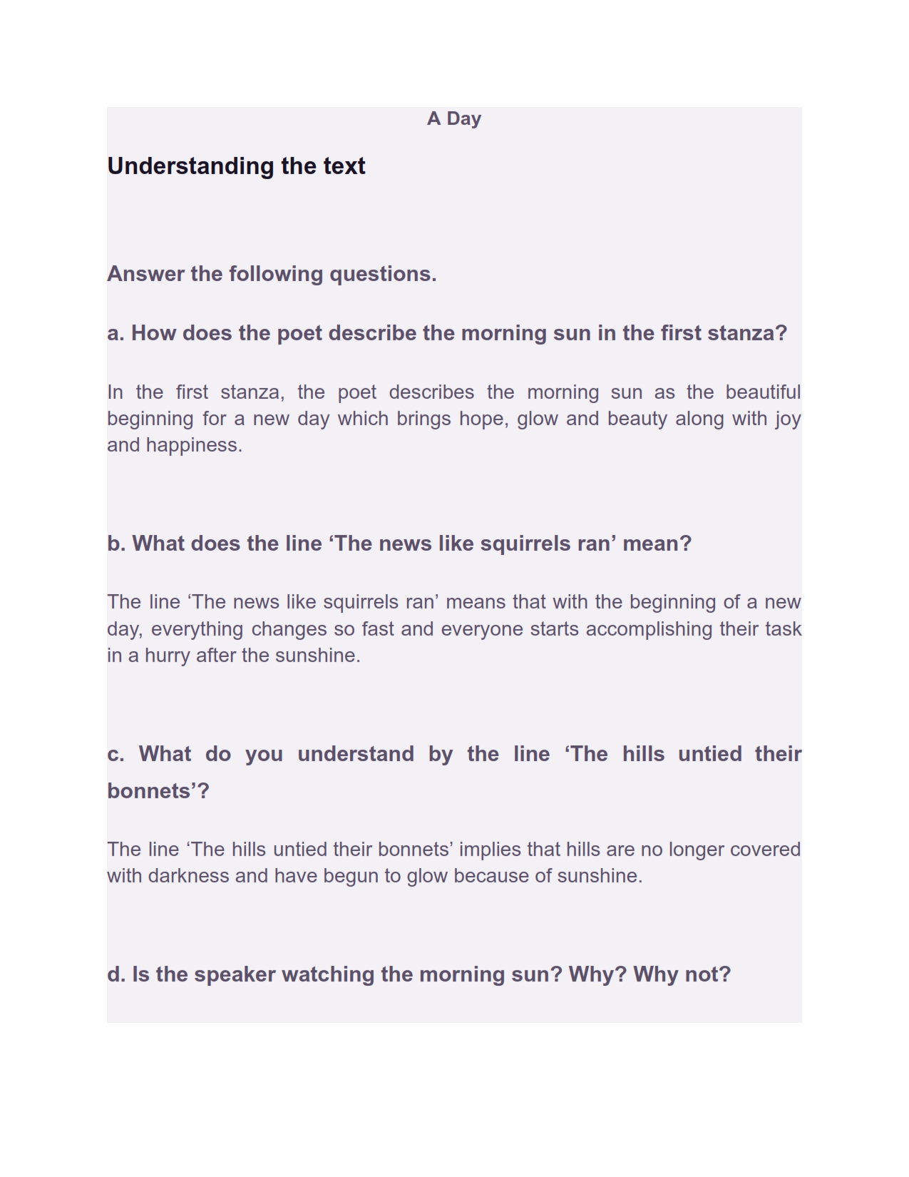 A Day Exercise : Summary and Question Answers