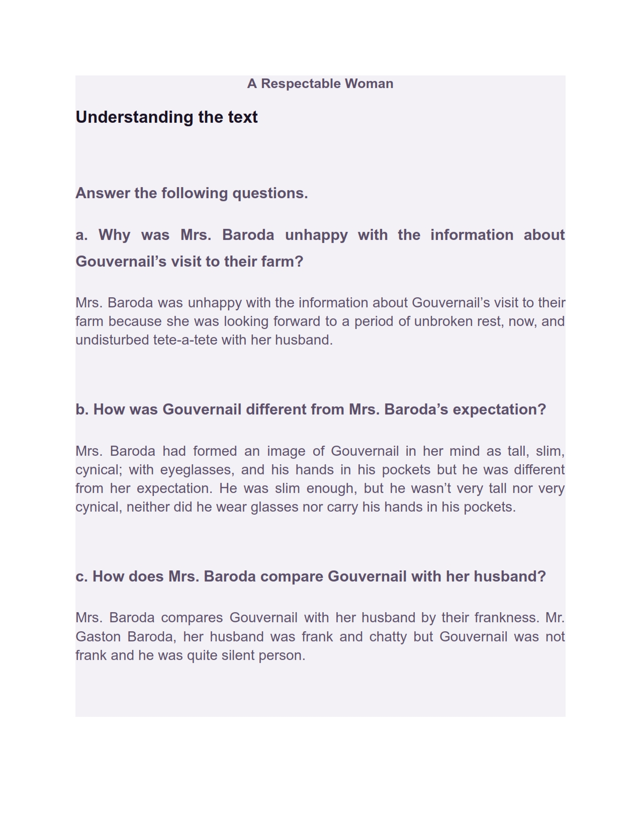 A Respectable Woman Exercise : Summary and Question Answers