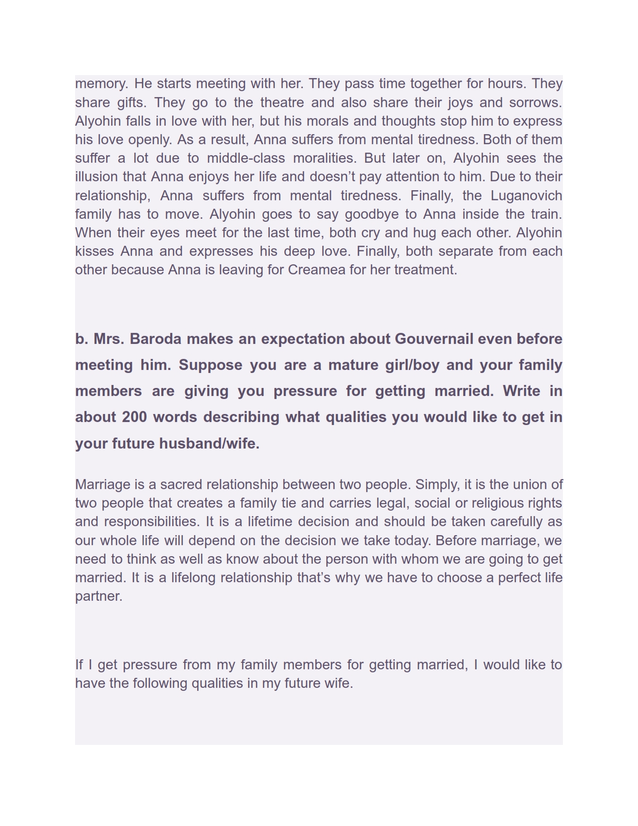 A Respectable Woman Exercise : Summary and Question Answers