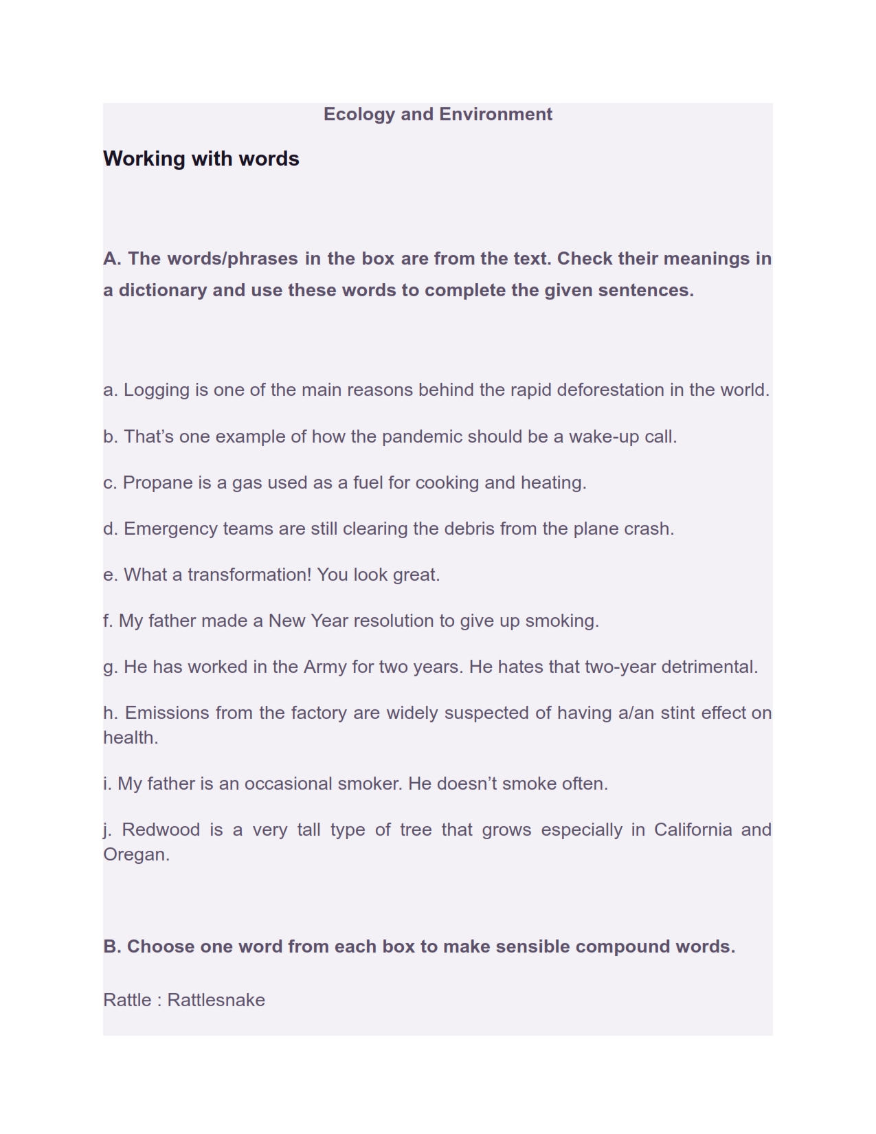 Ecology and Environment Exercise : Question Answers and Grammar