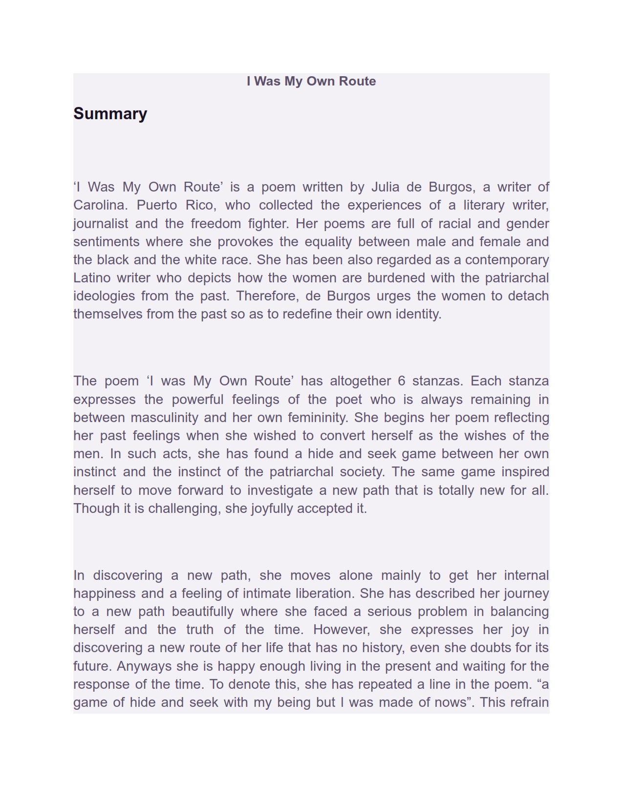 I Was My Own Route Exercise : Summary and Question Answers