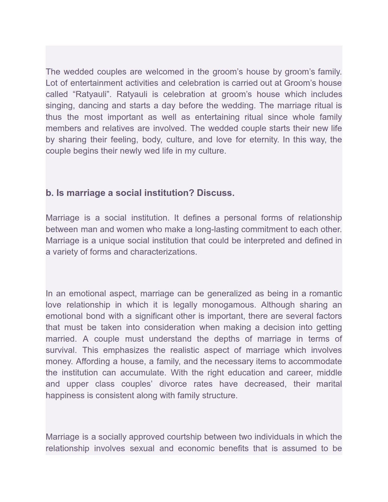 Marriage as a Social Institution Exercise : Summary and Question Answers