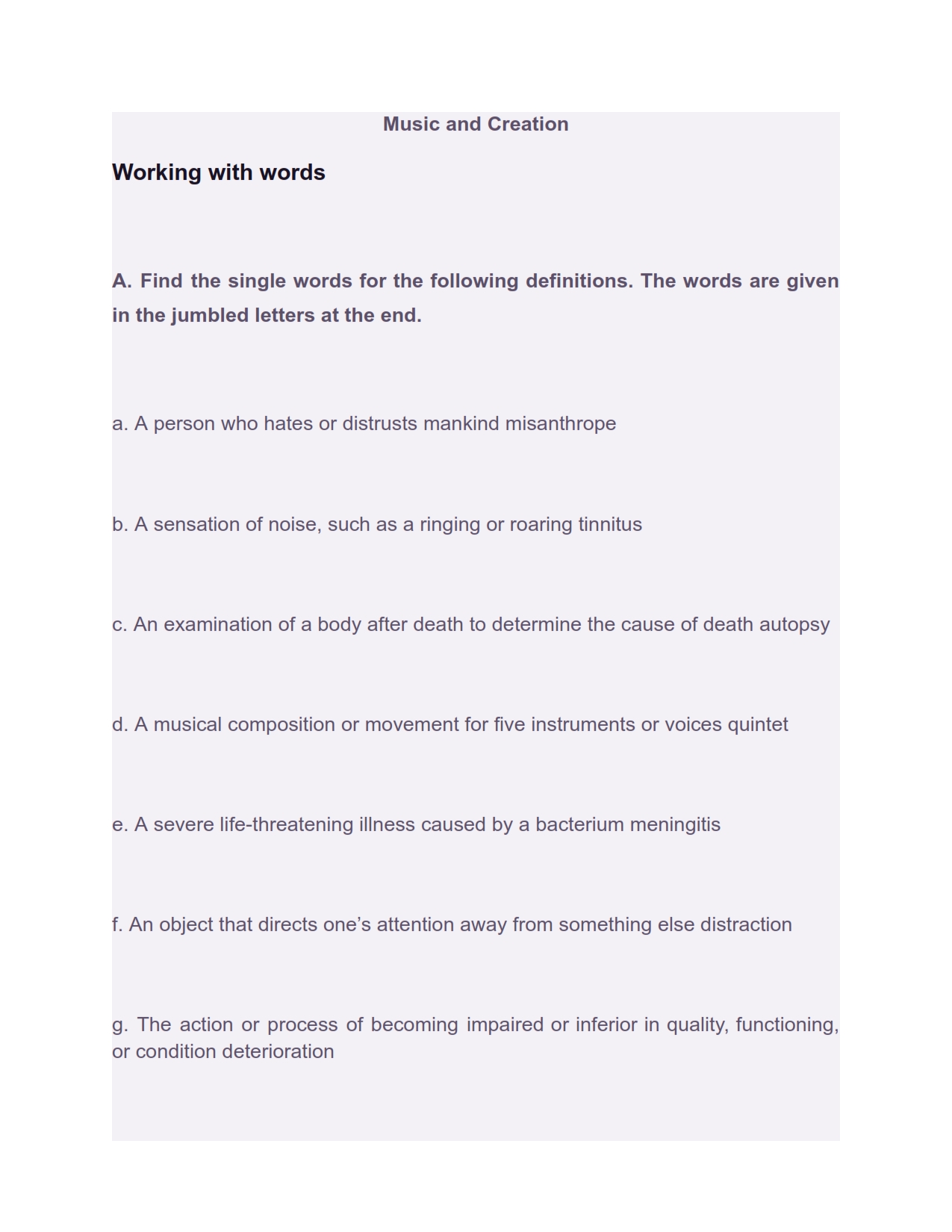 Music and Creation Exercise : Question Answers and Grammar