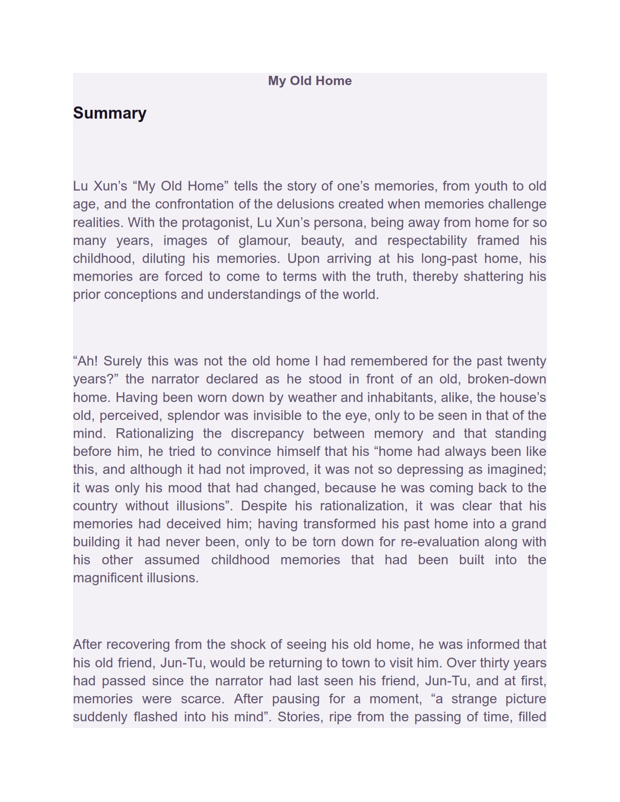 My Old Home Exercise Summary And Question Answers